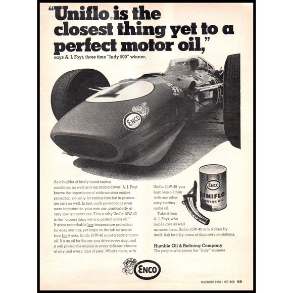 Exxon | Art | 968 Enco Uniflo Motor Oil Can Vintage Print Ad Aj Foyt ...